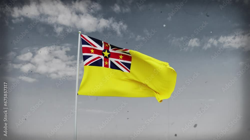 Niue flag waving on sky background. Highly Detailed Fabric Pattern, 3D ...