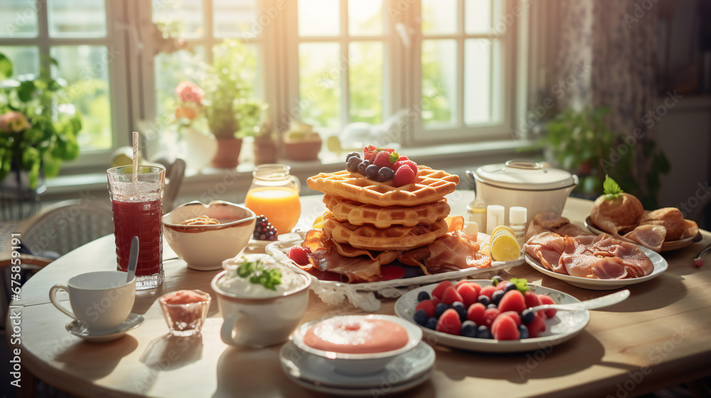 Breakfast table with waffles, bacon, breakfast sausage, croissants and ...