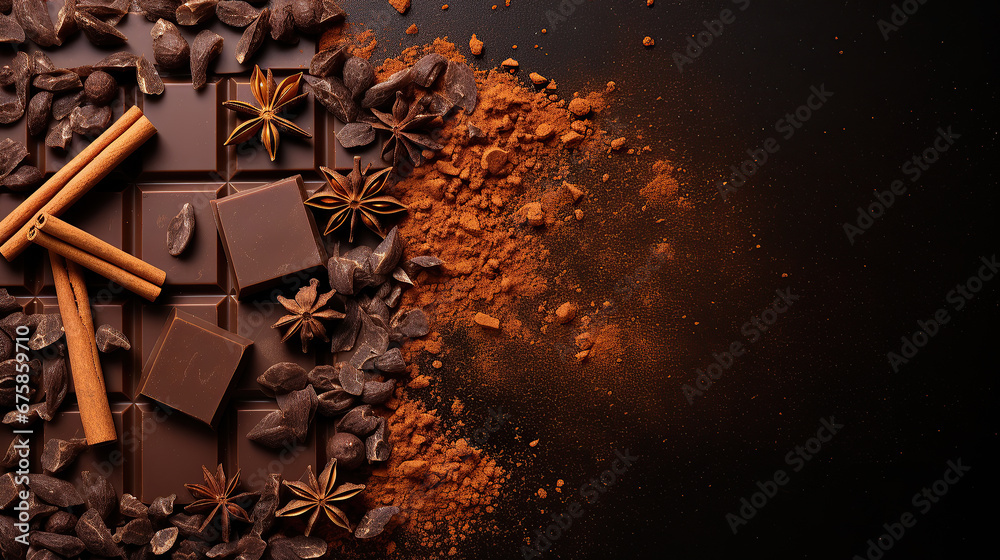 Chocolate background with chocolate bars, chips and cocoa powder ...