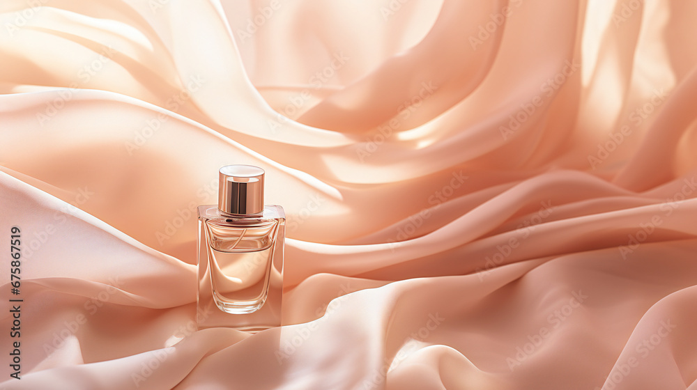 Product mockup for bottle of perfume on flowing abstract delicate cloth ...