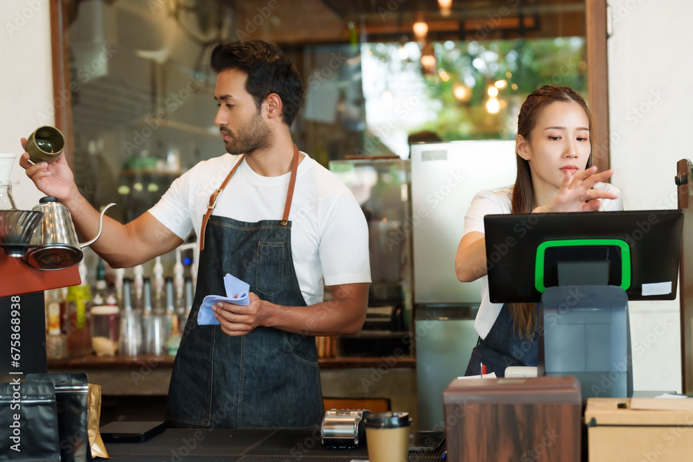 cafe owner multiracial male business couple cleaning coffee cups maker ...