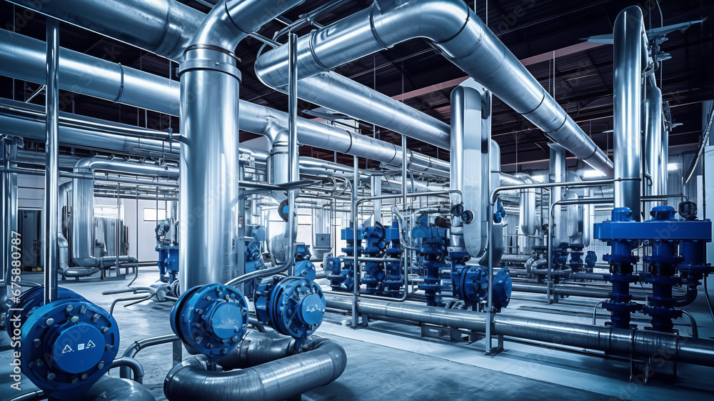 Steel water piping structure with circulation pumps and valves in ...