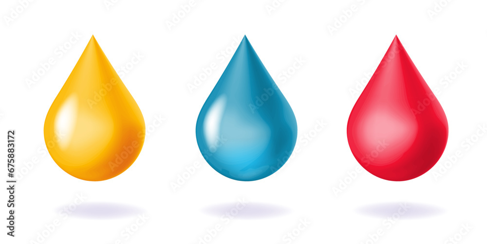 Water drop blue 3d icon vector graphic, paint ink golden yellow blood ...