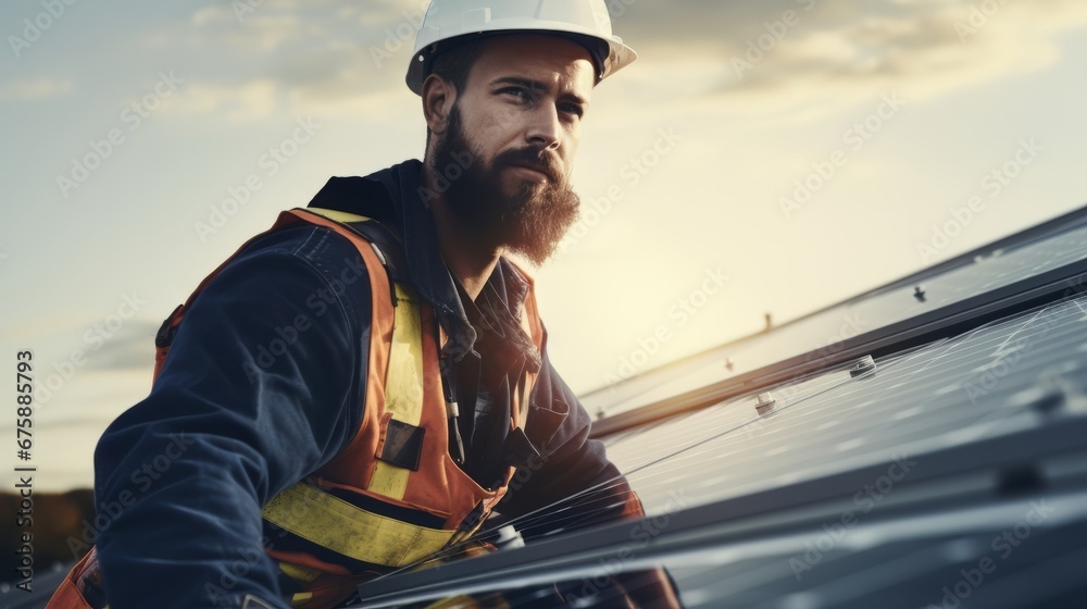 Generative AI image of Solar power engineer installing solar panels, on ...