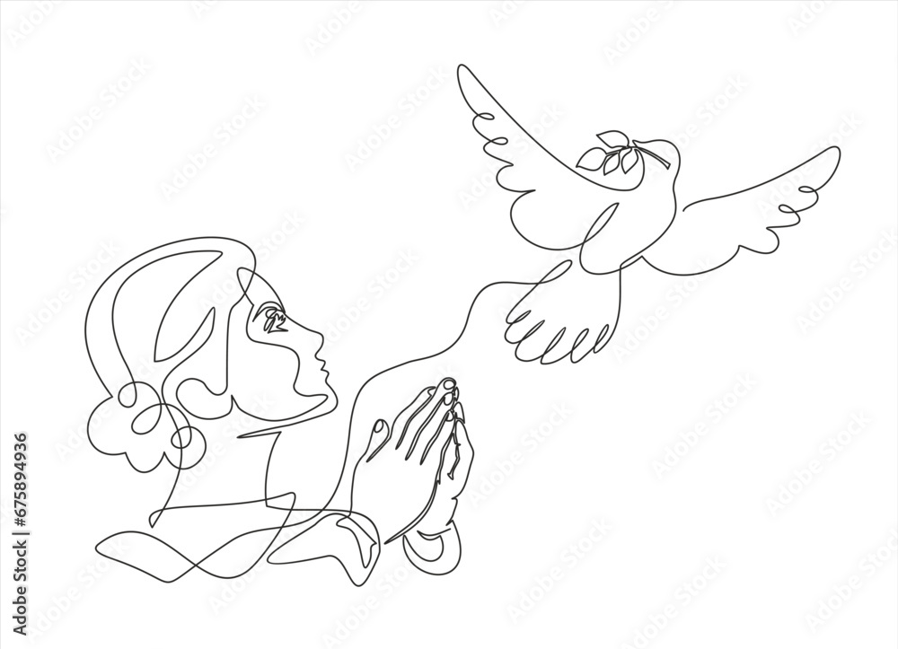 Continuous single one line drawing of Woman with Two Hands Pressed ...
