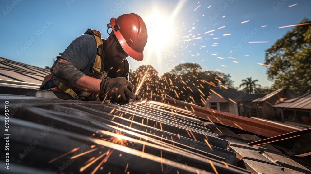 Welder with experience welding metal parts on roof structures on ...