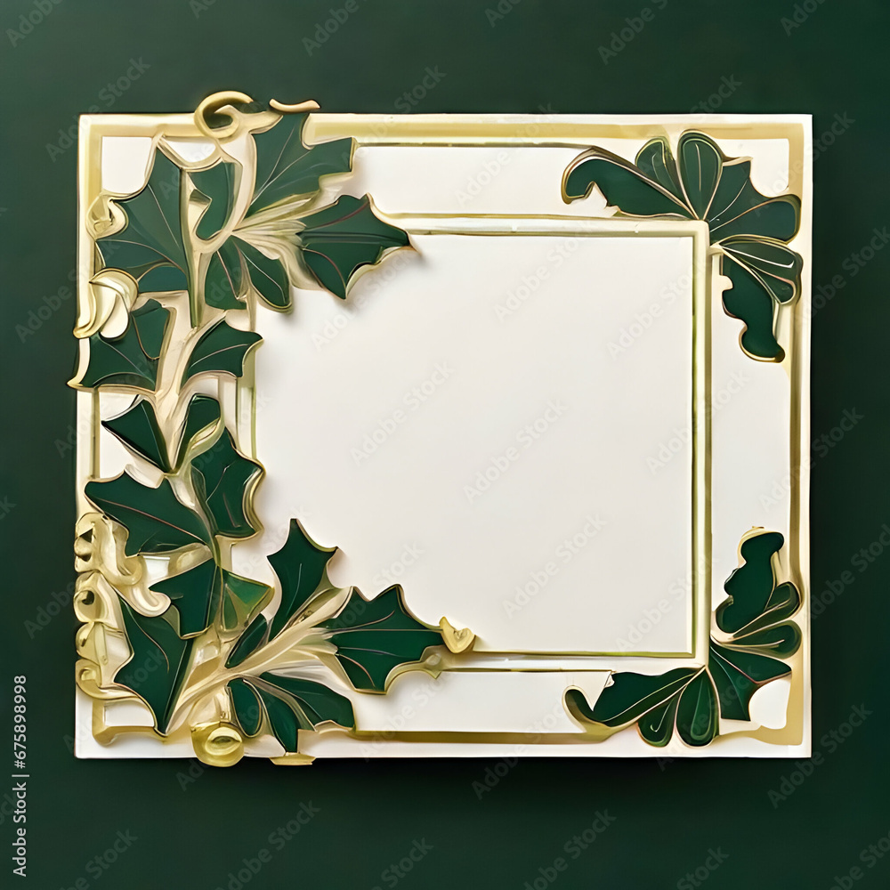 Design an empty wedding invitation frame with a deep rich green and ...