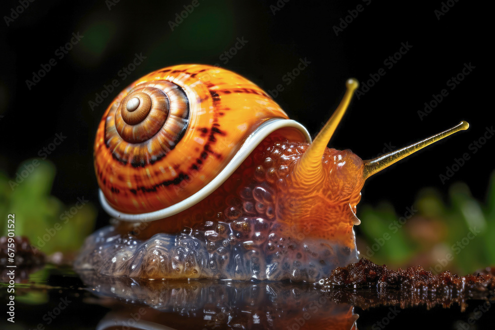 A snail navigating its way through a lush summer garden, emphasizing ... A snail navigating its way through a lush summer garden, emphasizing ...