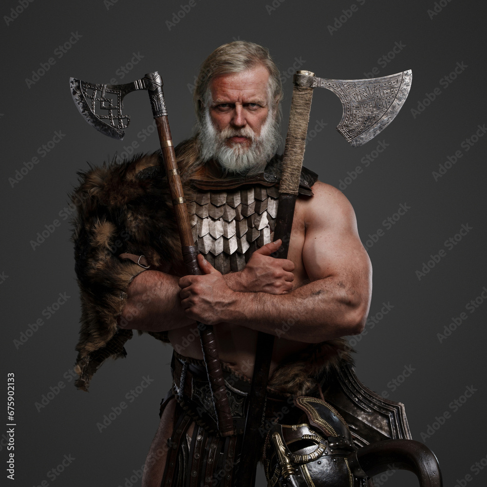 Grizzled elderly Viking warrior, displaying strength and wisdom, clad ...