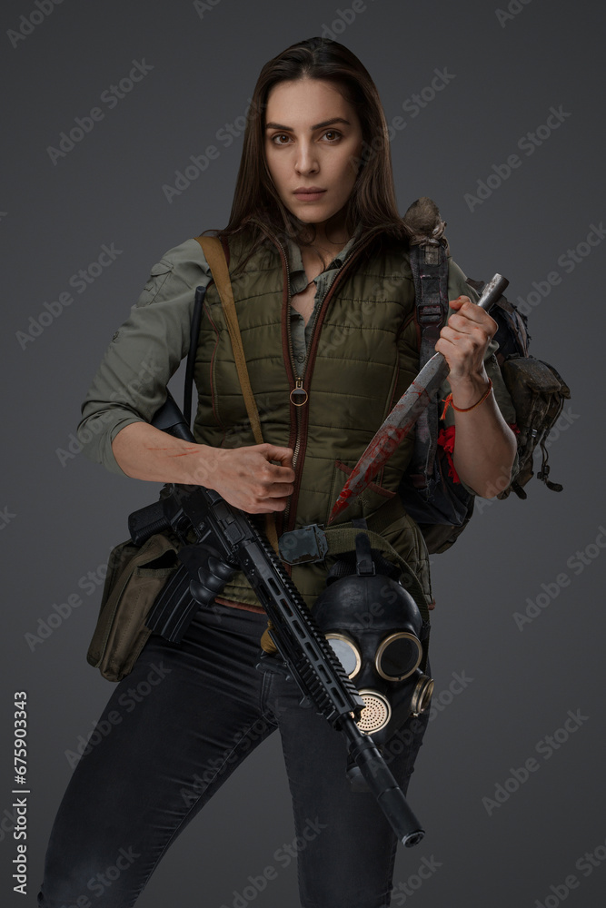 Middle Eastern descent in post-apocalyptic survival gear, brandishing a ...