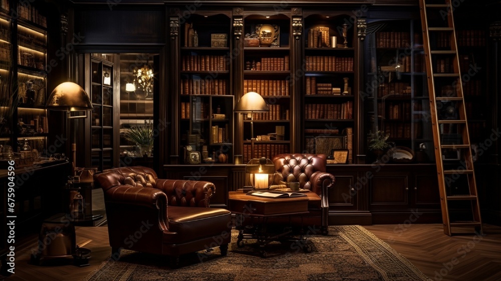 A speakeasy-inspired office with a hidden bar accessible by a bookshelf ...