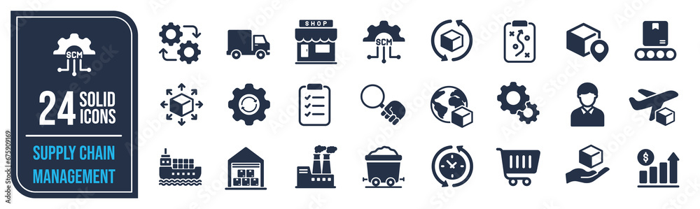 Supply chain management SCM solid icons collection. Containing ...