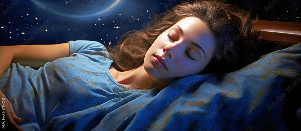 sleeping woman experiencing night time astral travel. AI generated ...