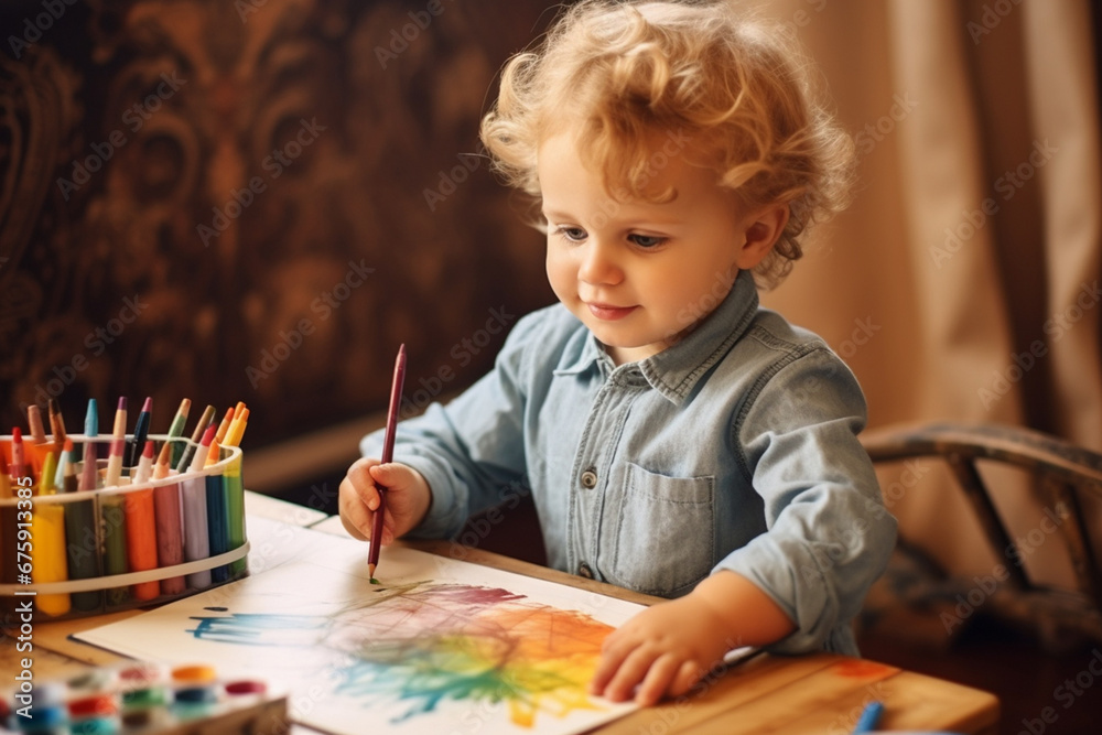 Happy and lively toddler drawing and painting a picture on paper with ...