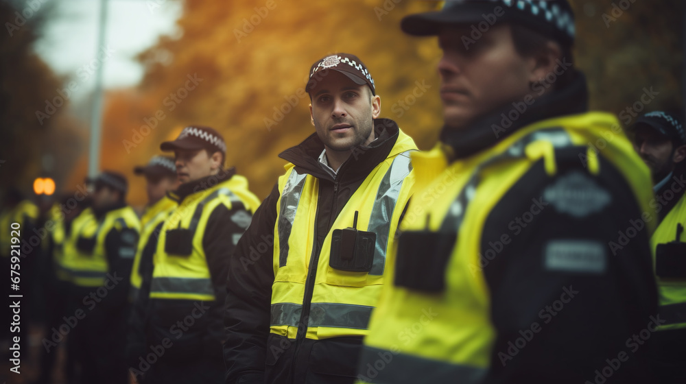 Police Lineup in Fall A disciplined line of police officers stands ...
