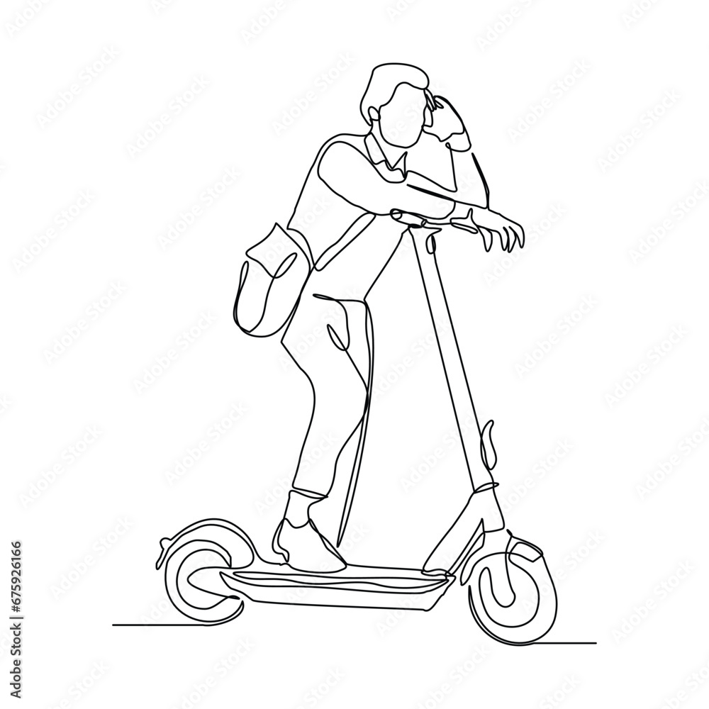 Continuous single line sketch drawing of young man ride electric ...