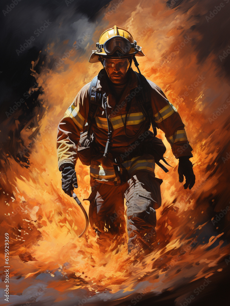 2D flat illustration. A firefighter wades through flames and heat ...