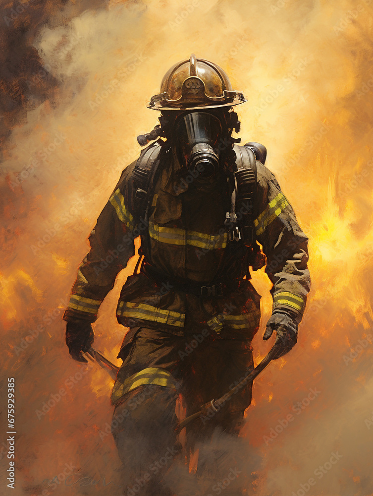 2D flat illustration. A firefighter wades through flames and heat ...