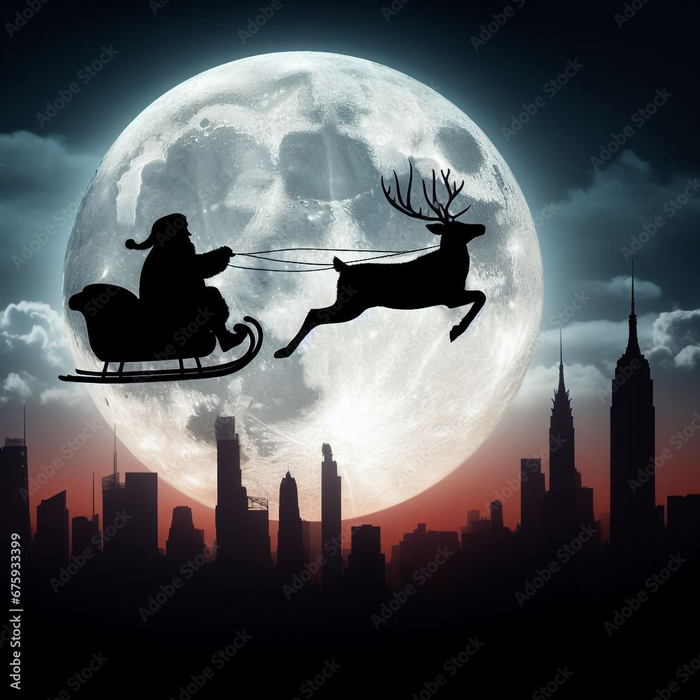 santa claus flying across night sky with full moon and stars on sleigh ...