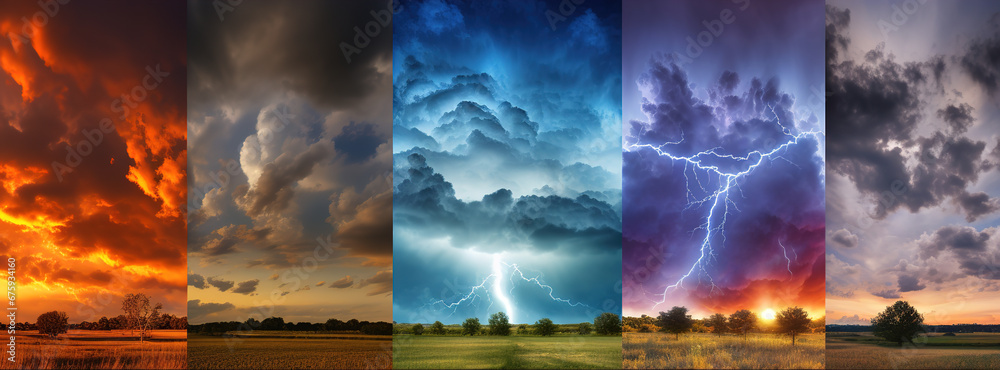 Weather forecast collage concept background. Variety weather conditions ...