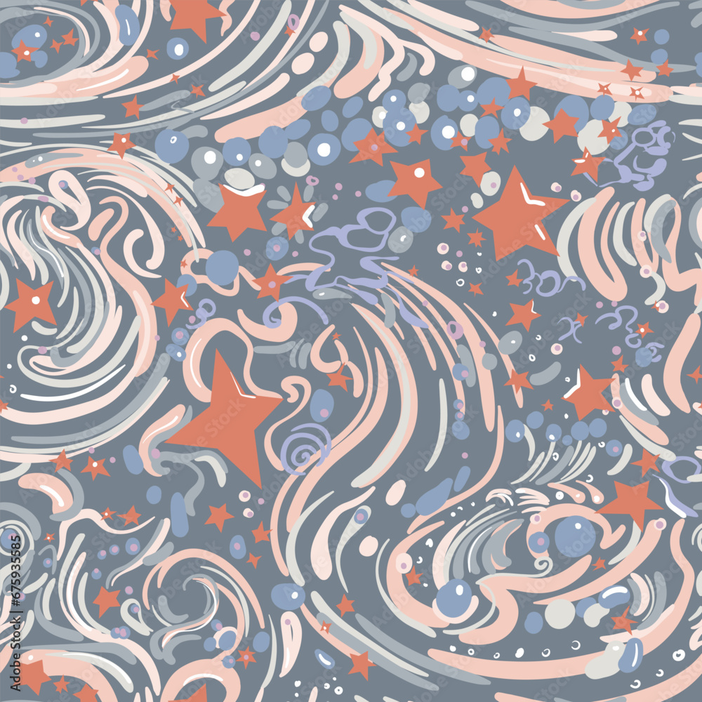 Intangible heaven Stars and wave in sphere. Blue empyrean, pink, ether welkin azure sky. Red and ...