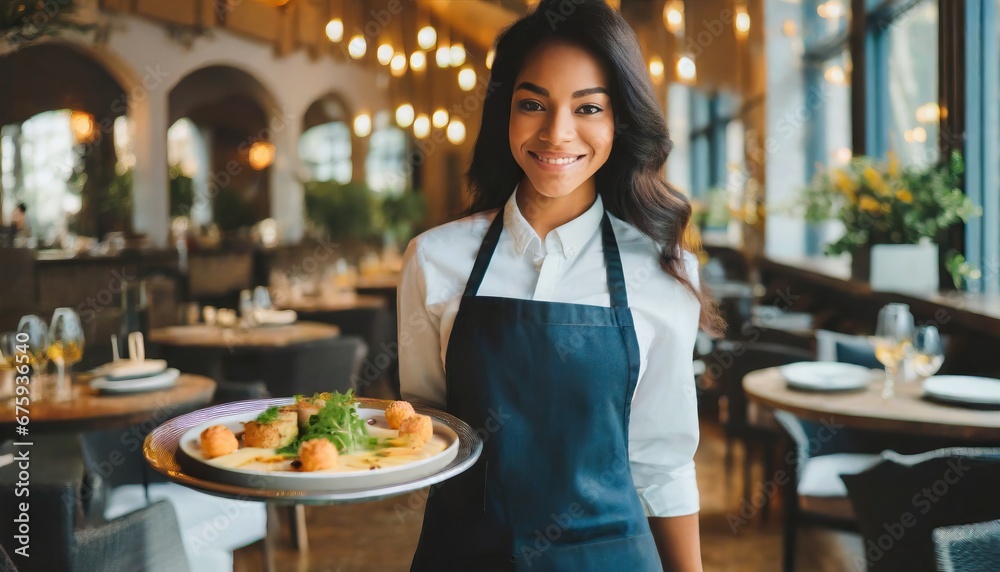 a beautiful young smiling server waitress in restaurant with plates ...
