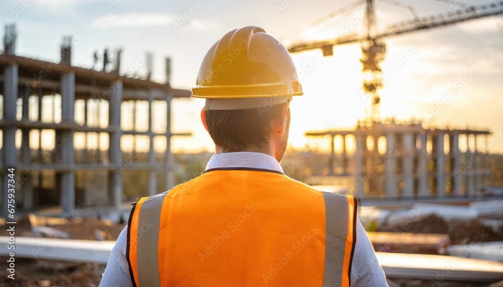 construction engineer standing with his back and watches at a house ...