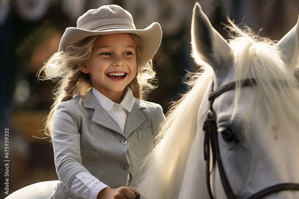 The portrait of a joyous young girl is riding on a dignified white race ...