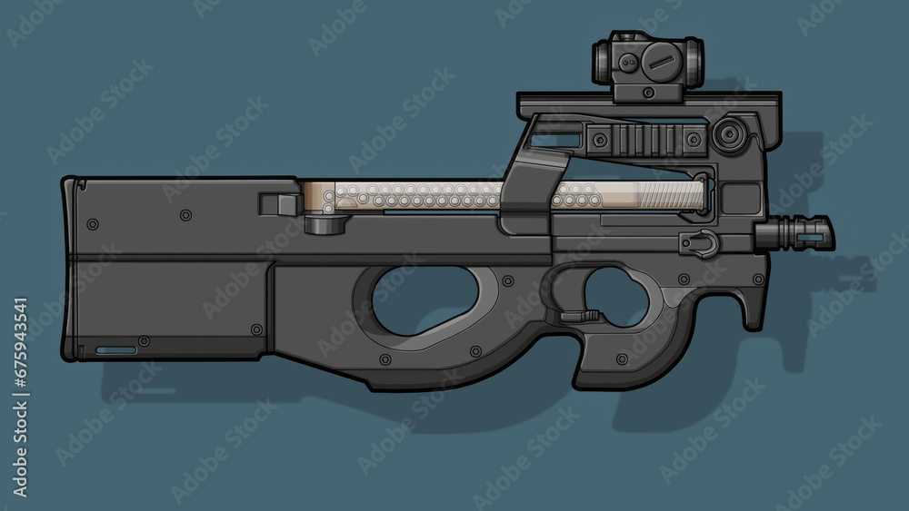 Close-up of a black P90 submachine gun on an isolated blue background ...