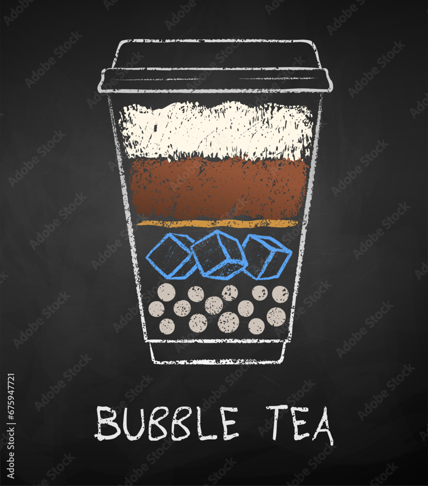 Vector chalk drawn sketch of Bubble Boba Tea in takeaway cup on ...
