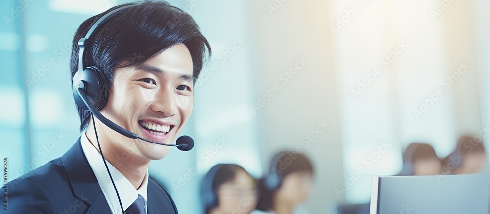 In a bustling Japanese call center the adult Japanese teller ...