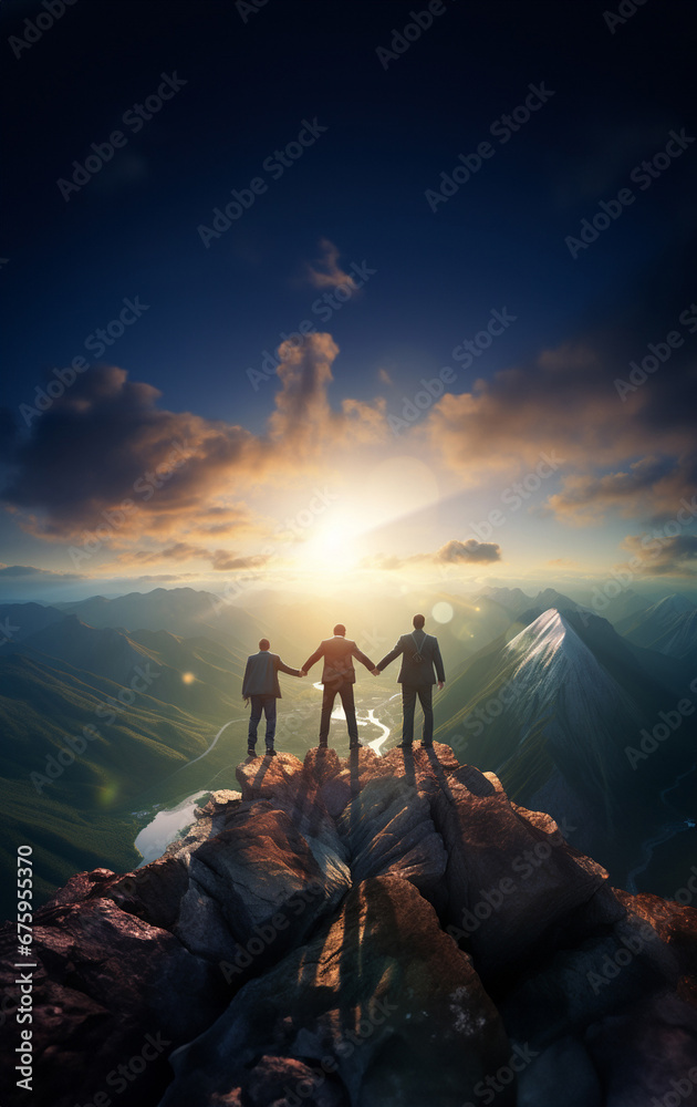 Triumphant businesspeople, working together as a team, celebrate their ...