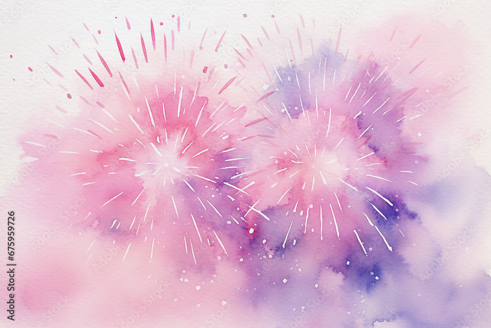 Pretty pink loose watercolour style illustration of fireworks, on a ...
