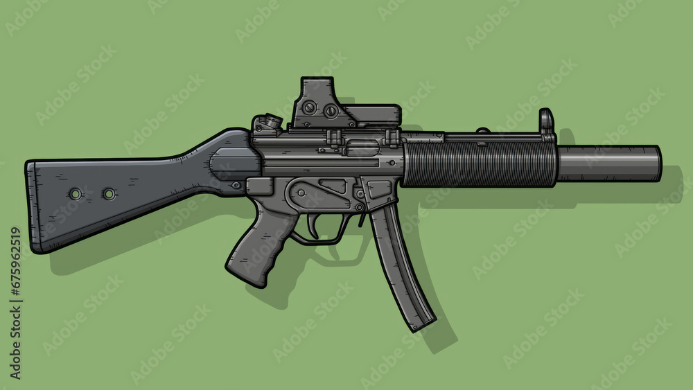 Close-up of MP5SD6 submachine gun on isolated green background. Art ...