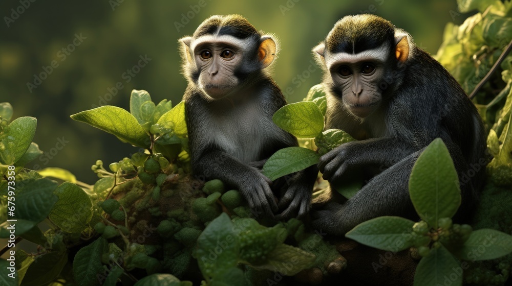 Fruit feeding family. Campbell's mona monkey or Campbell's guenon ...