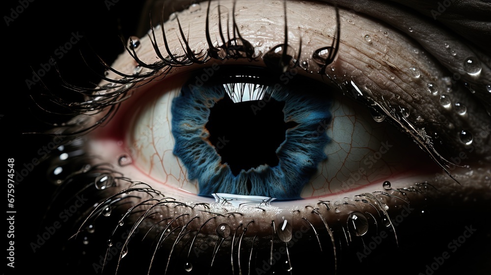 Distress and suffering with a human eye crying a single tear drop with ...
