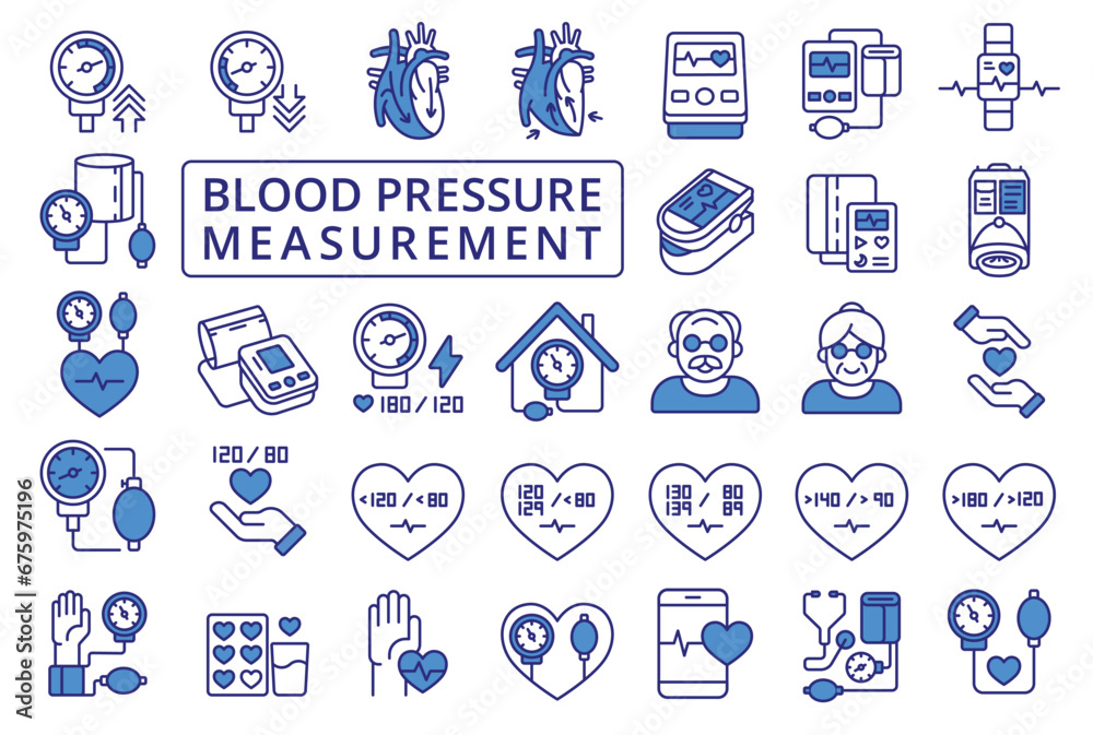 Blood Pressure Measurement icon set in line design blue. Hypertension ...
