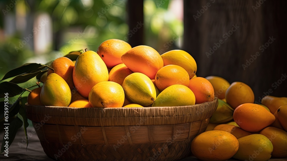 Close up of Mangoes in the basket. Indian ripe mangoes are being sold ...