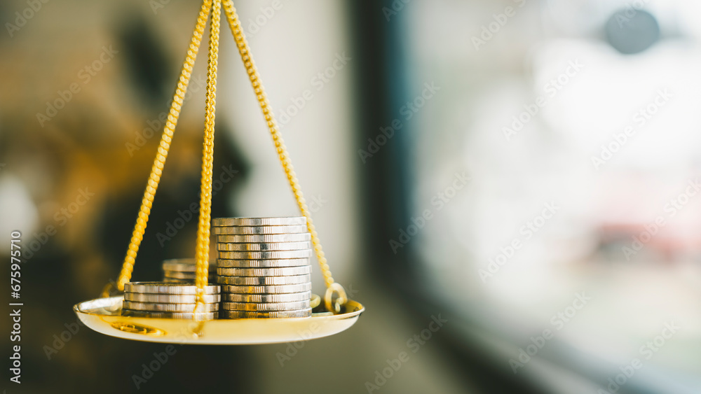 Coins stack with balance scale. Money management, financial plan, time ...