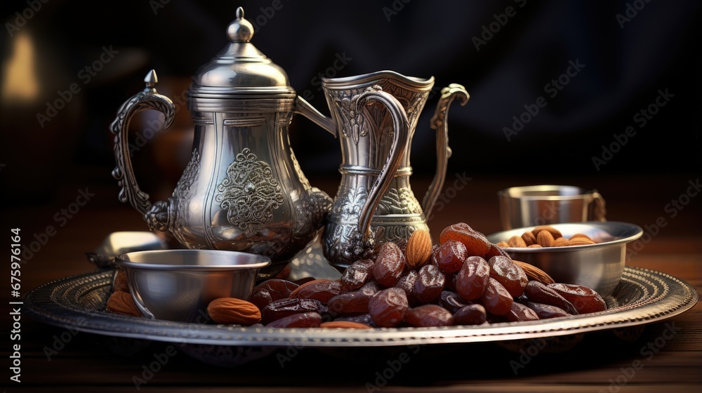 Silver Arabic Coffee Pot Healthy Ramadan Snack Dates Coffee Beans Pre ...