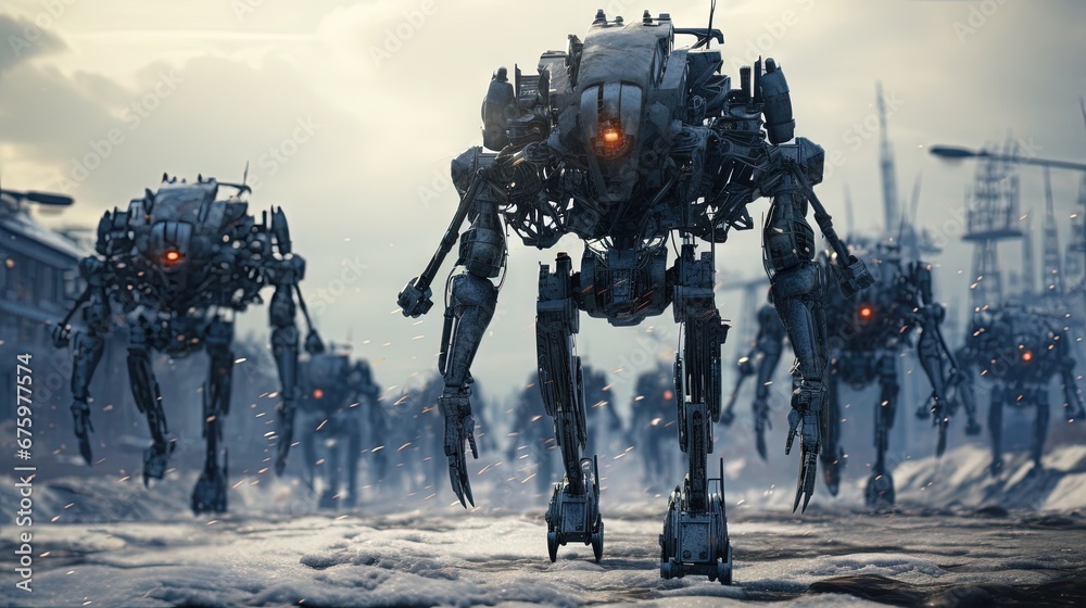 walking military robots. invasion of military robots. Dramatic ...