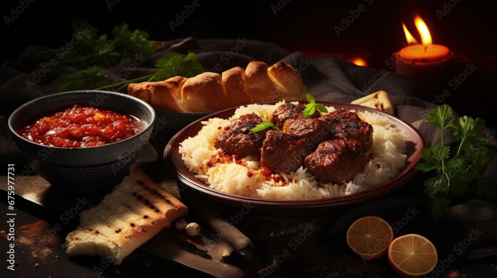 Arabic cuisine, Egyptian oriental Fettah with white rice and crispy ...