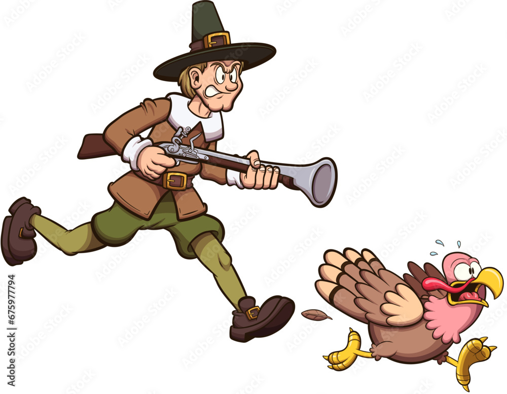 Cartoon Pilgrim Hunting Turkey. Vector illustration with simple ...