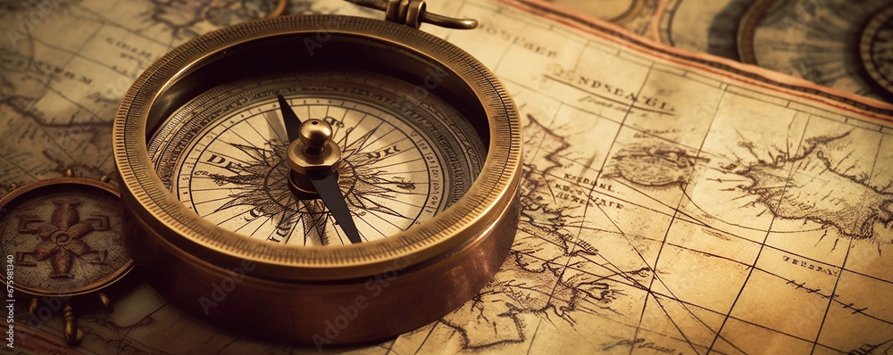 Vintage Old Compass on Antique Map, Retro Navigation and Exploration ...