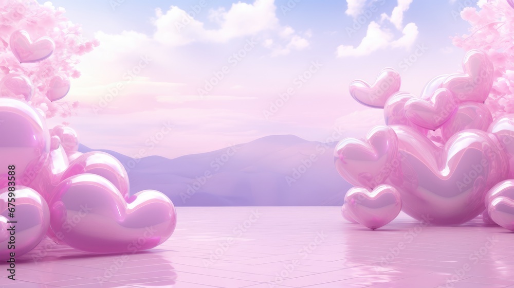 Inflated pink glossy heart shape balloon background. Valentine's ...