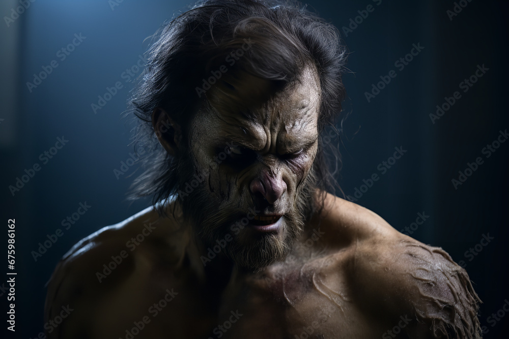 A film still capturing the dramatic moment of a human transforming into ...