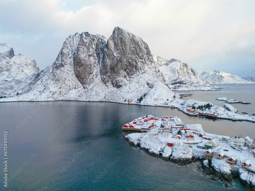 Aerial view of Lofoten island Norway. The winter season of sunrise ...