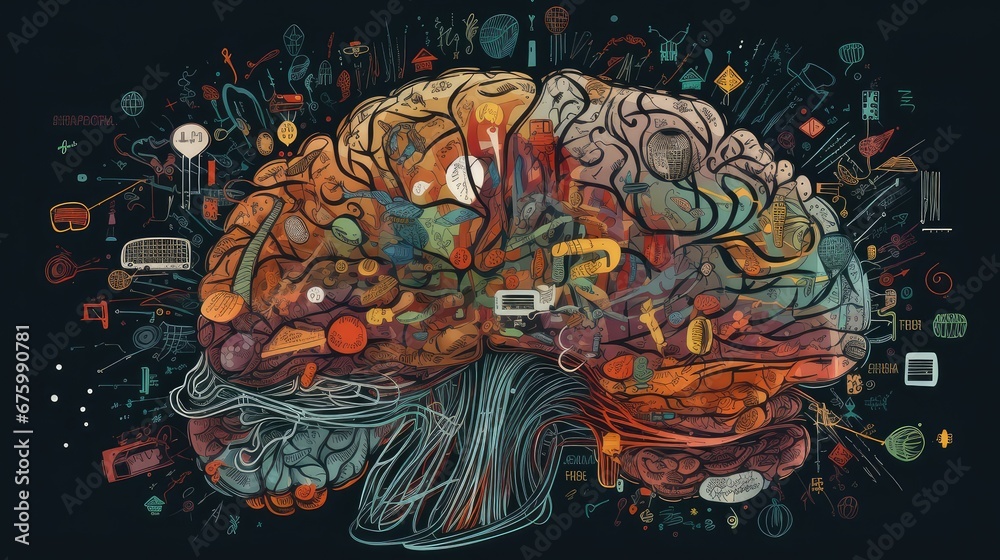 Human skull with creative coloful brain, left and right brain ...