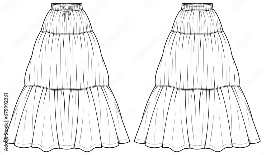 Tired A line Maxi Skirt design flat sketch vector illustration, Women's ...