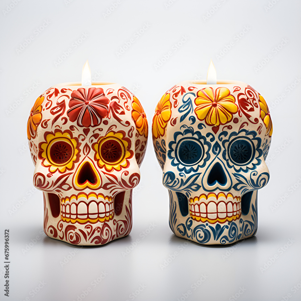 colorful sugar skulls isolated on white background, Ceramic skulls ...